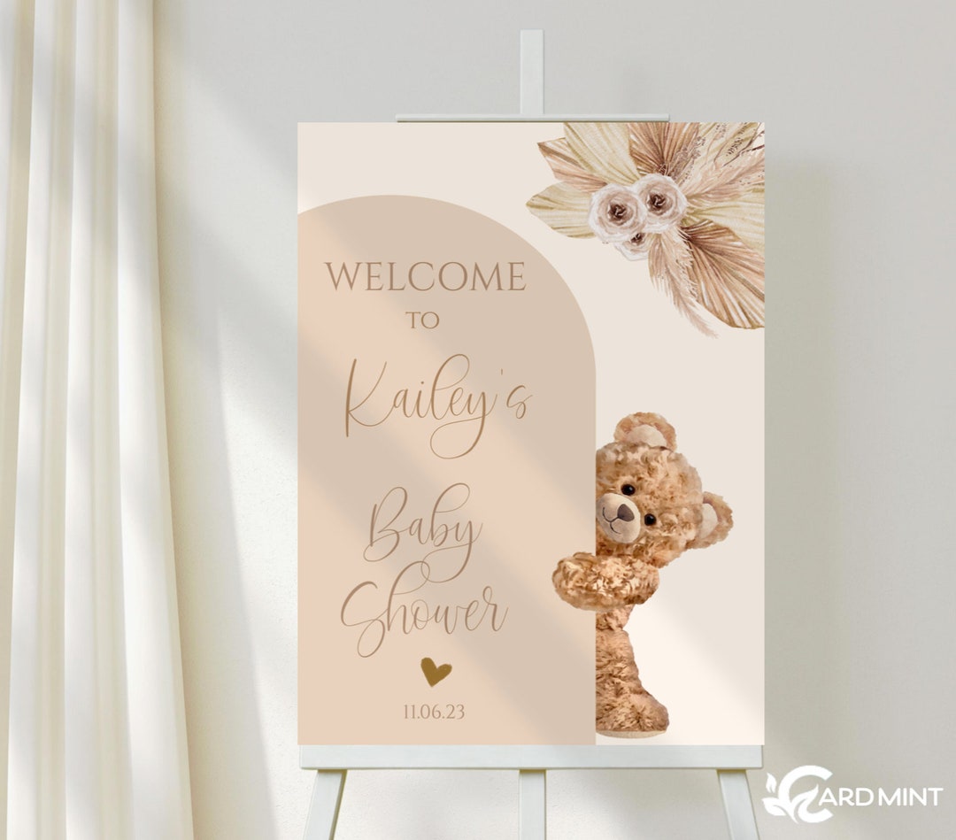 Editable Welcome Teddy Bear Party Sign, Beige Arch Pampas Grass Baby ...