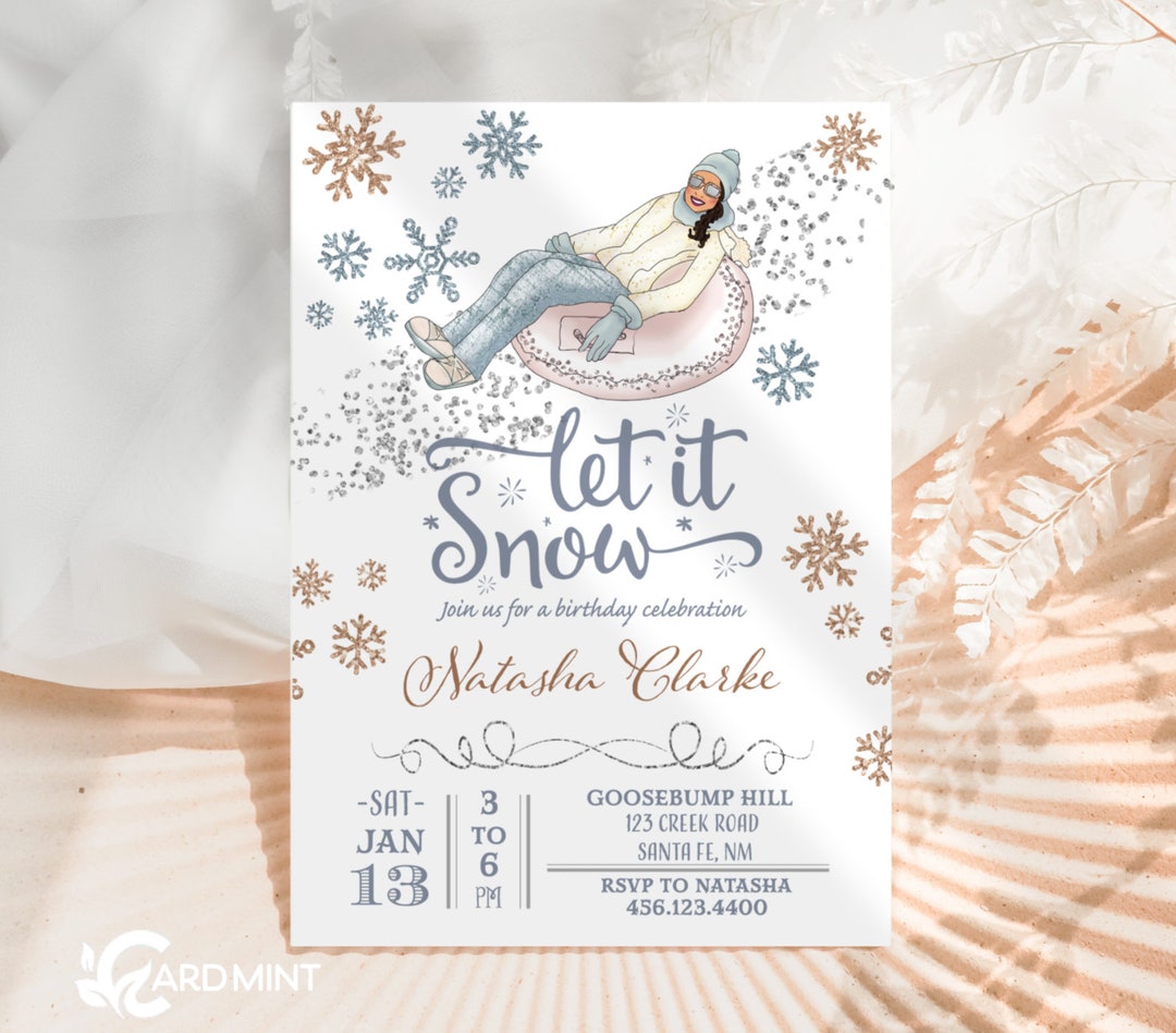 EDITABLE Snow Tubing Birthday Party Invitations, Snowflake Glittery ...
