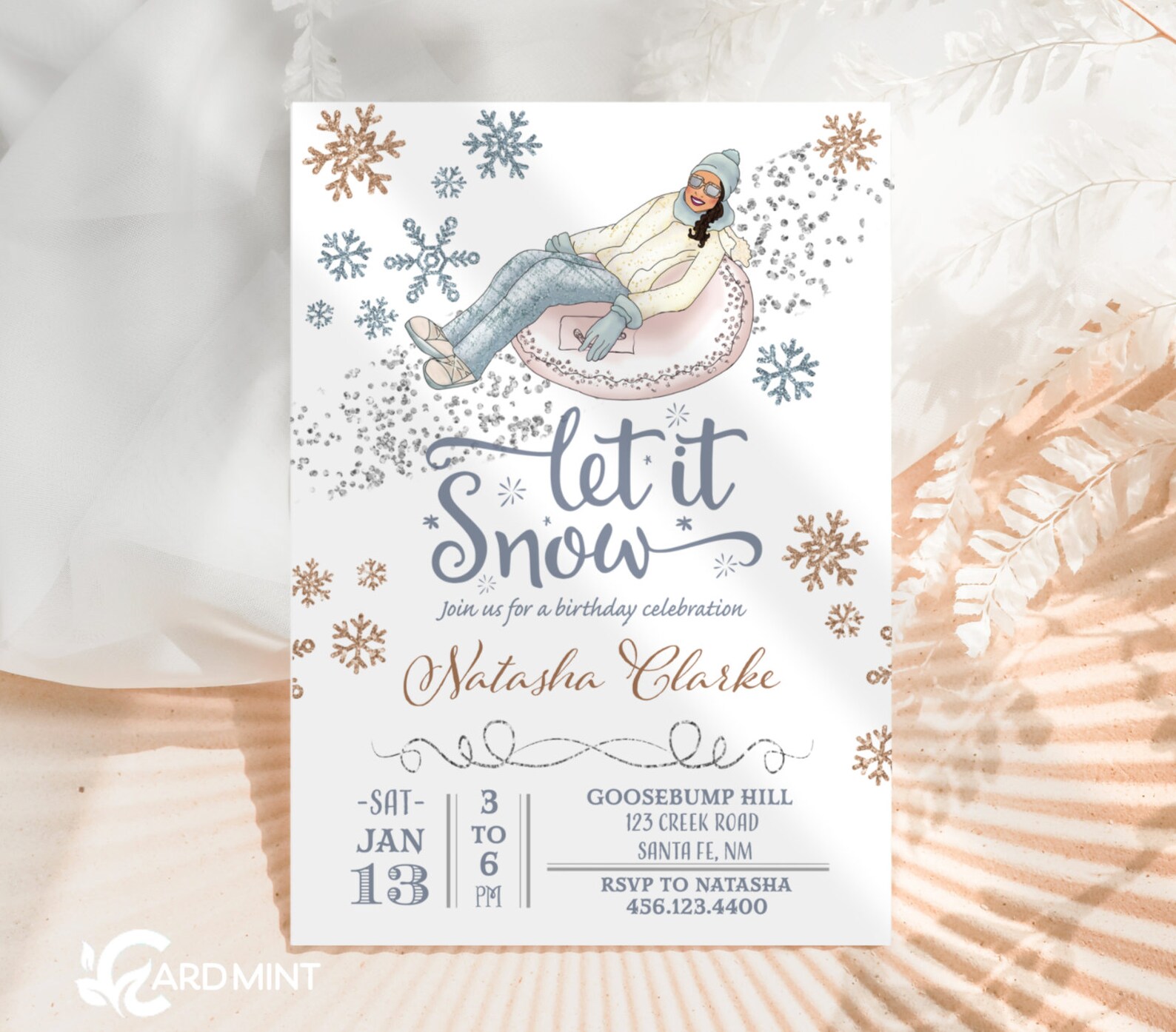 Snow Tubing Birthday Party Invitation, Glittery Snowflake, Editable ...