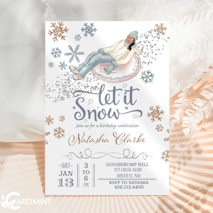 EDITABLE Snow Tubing Birthday Party Invitations, Snowflake Glittery ...
