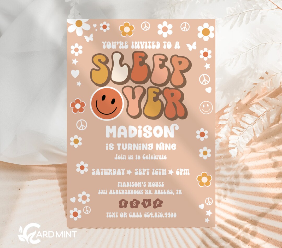 EDITABLE Groovy Sleep Over Birthday Party Invitations, Daisy Retro ...