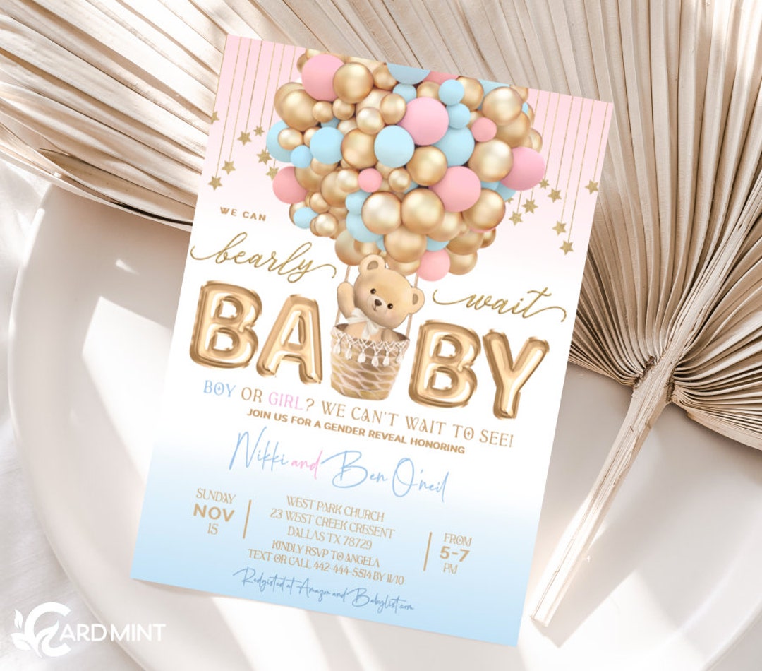 EDITABLE Bearly Wait Theme Gender Reveal He She Invitations Printable ...