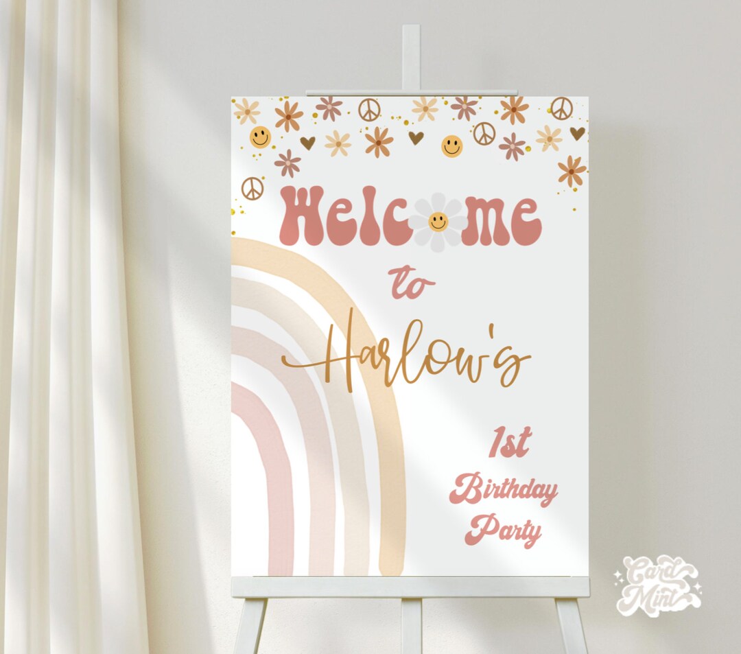 Editable Welcome Sign Groovy Party Sign, Rainbow Birthday Poster ...