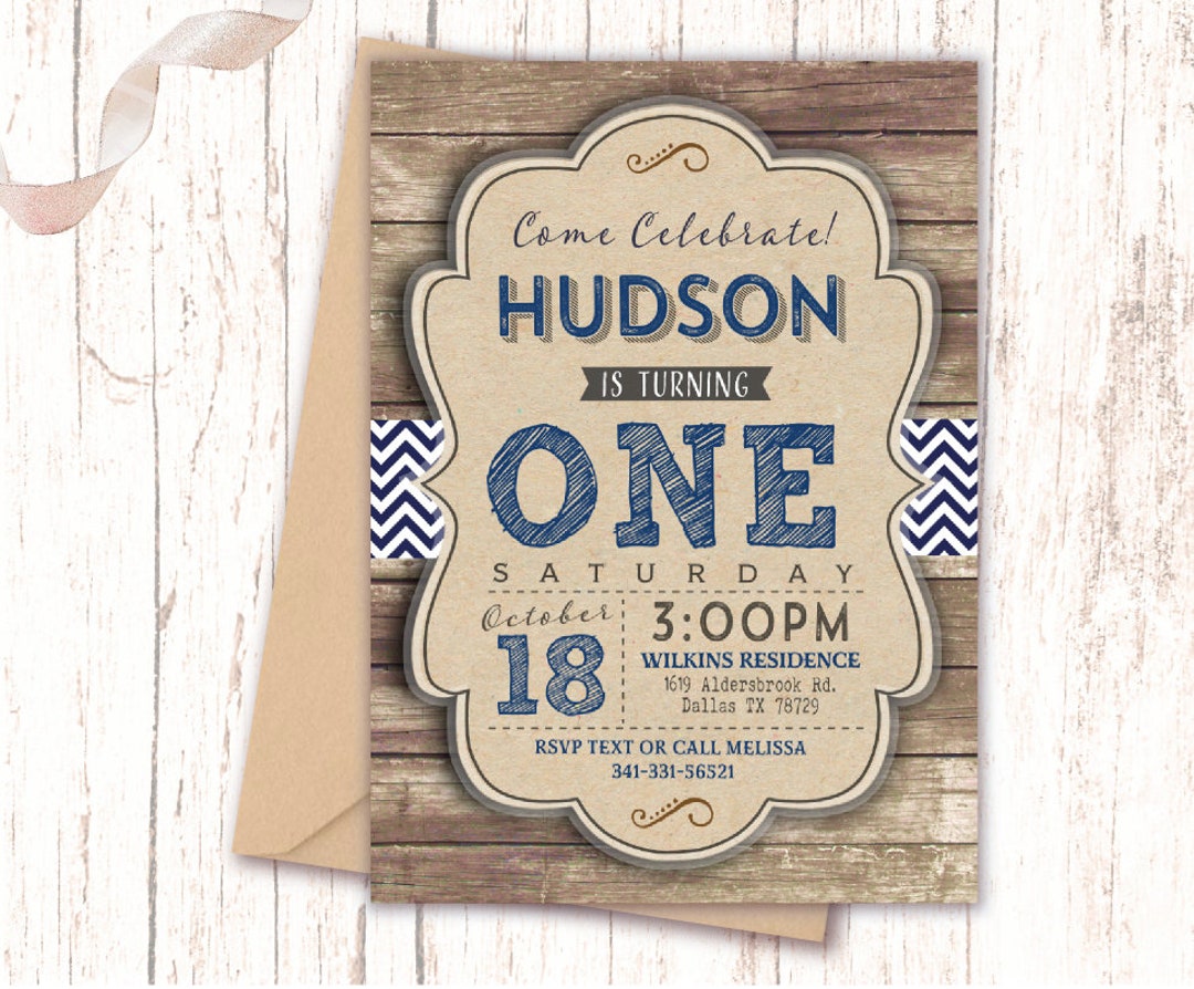 Birthday Boy Turning One Invitations Rustic Wood and Navy - Etsy