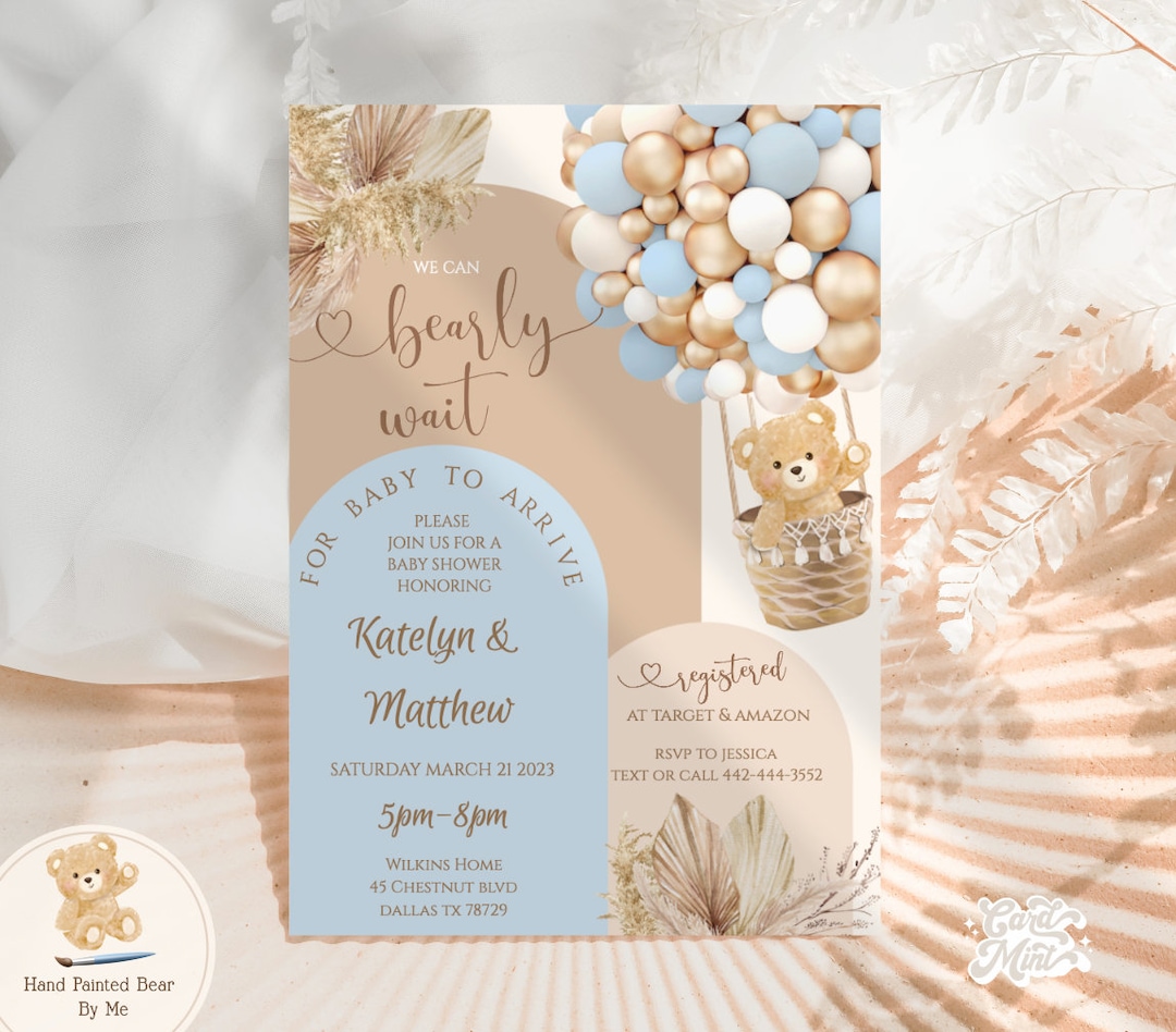 Editable Boho Teddy Bear Arch Invitations, Cute Baby Shower Pampas ...