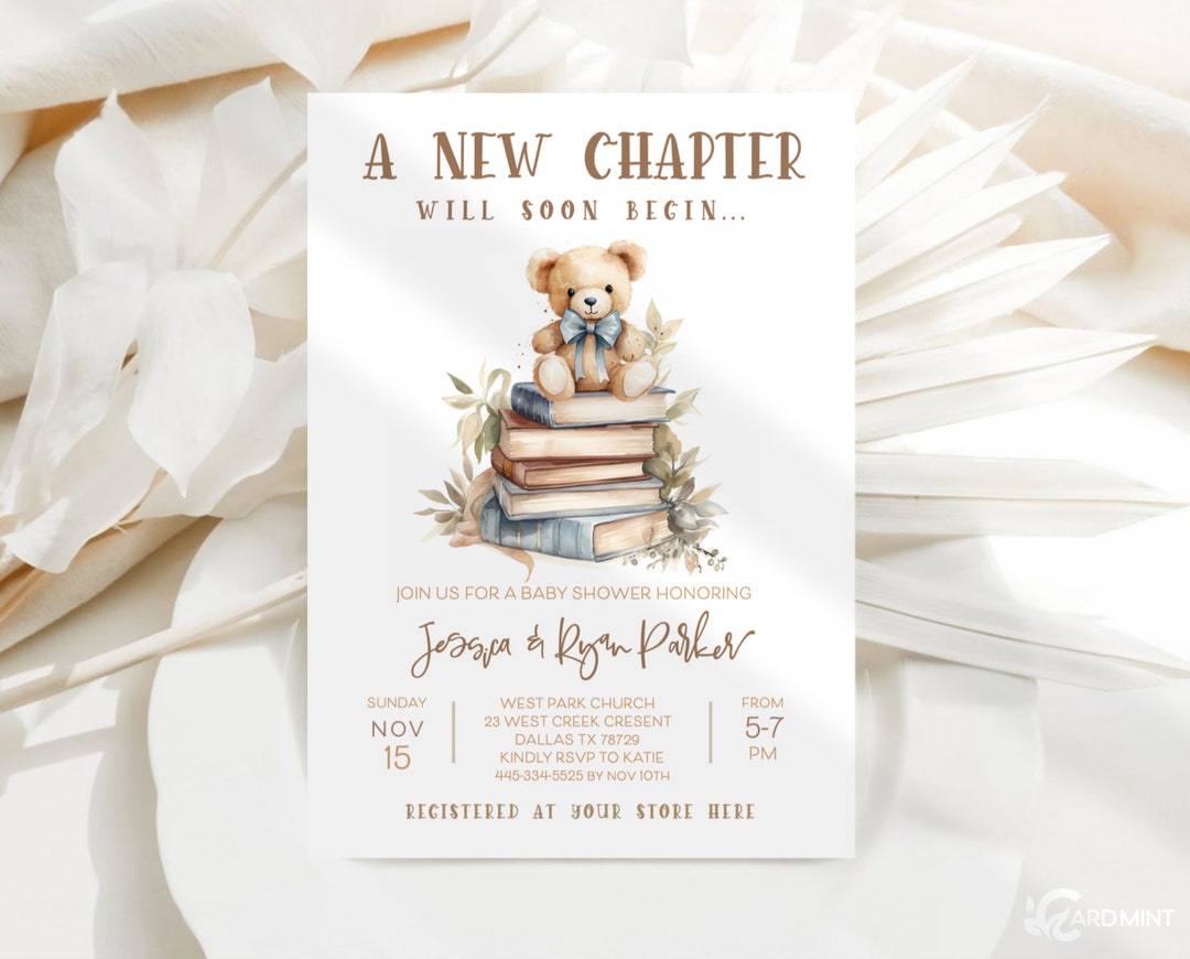 EDITABLE Teddy Bear Invitations, New Chapter Shower Cozy Book Invite ...