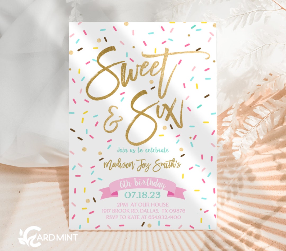 EDITABLE Sprinkle Birthday Invitations, Pink Gold Teal Sweet & Six ...