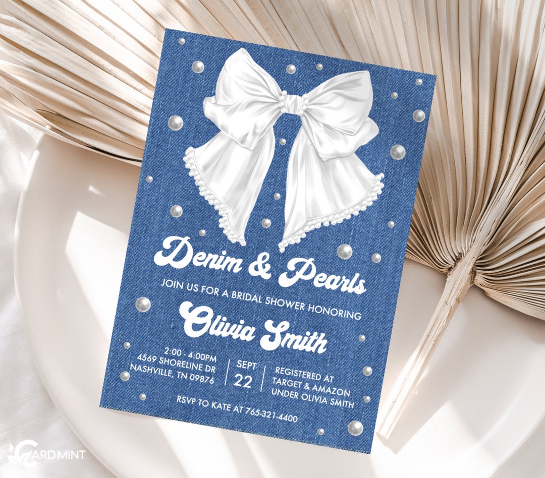 Editable Denim and Pearls With White Bow Bridal Invitations Blue Jean ...