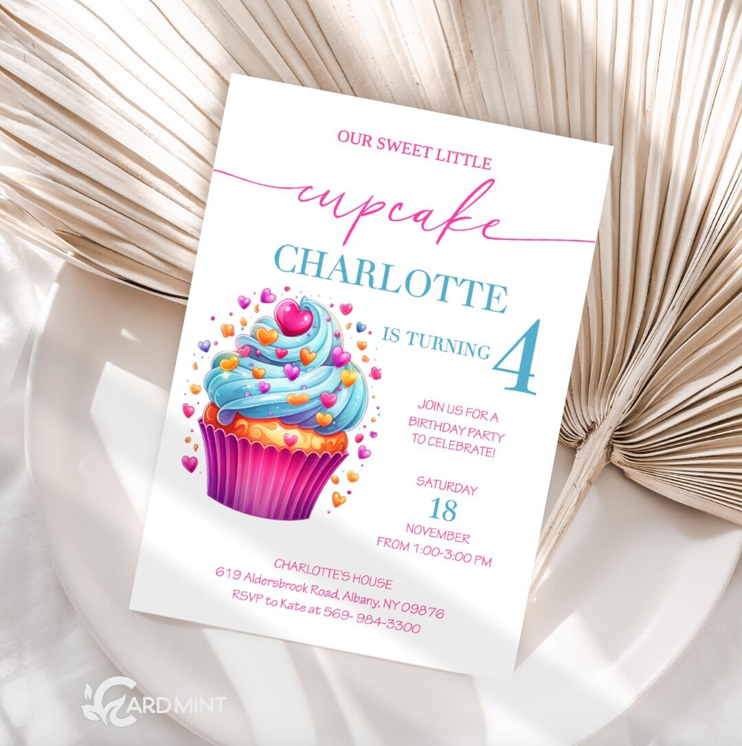 Editable Cupcake Birthday Invitations, Pretty Neon Sweet Little Cupcake ...