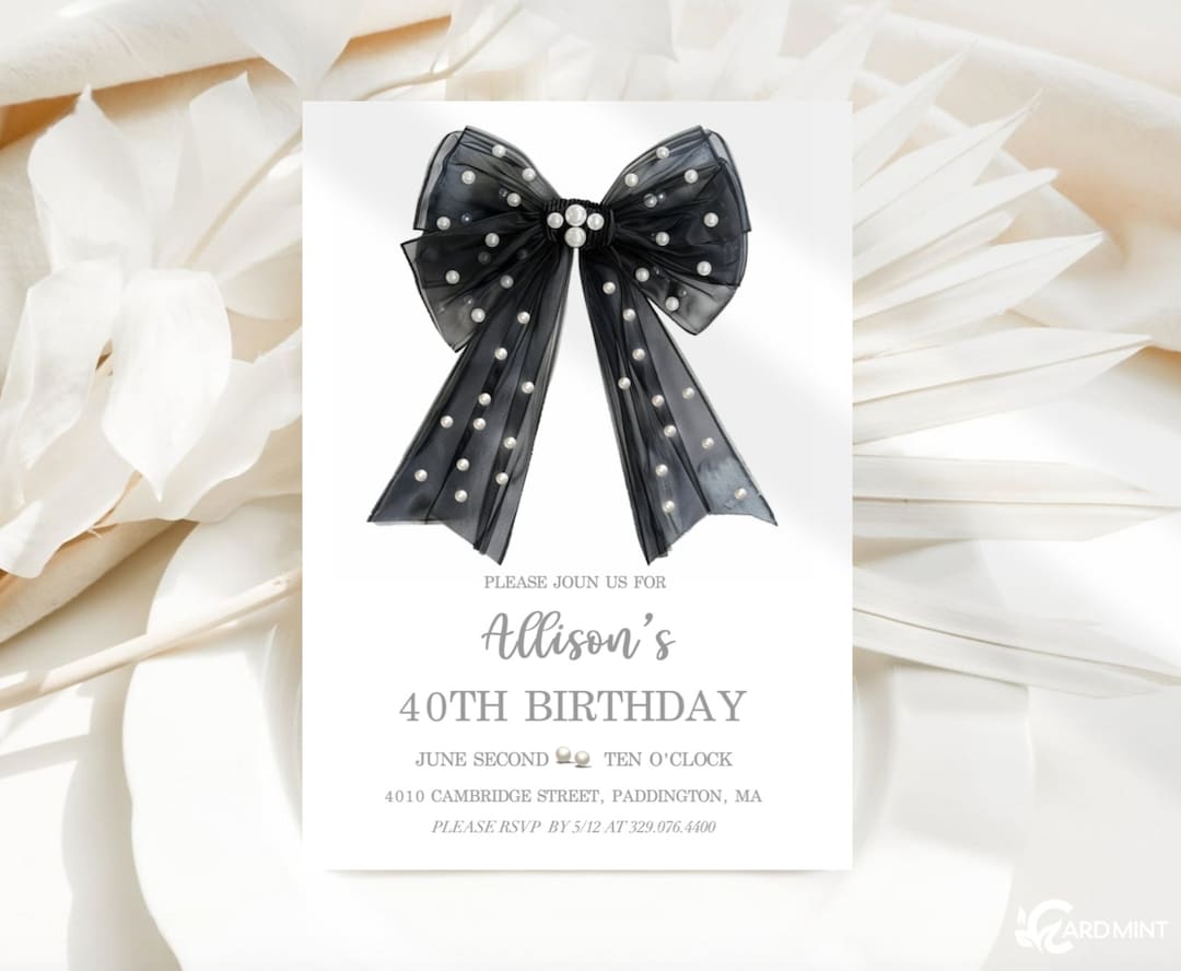 Editable Black Bow Birthday Invitation, Black Watercolor Ribbon With ...