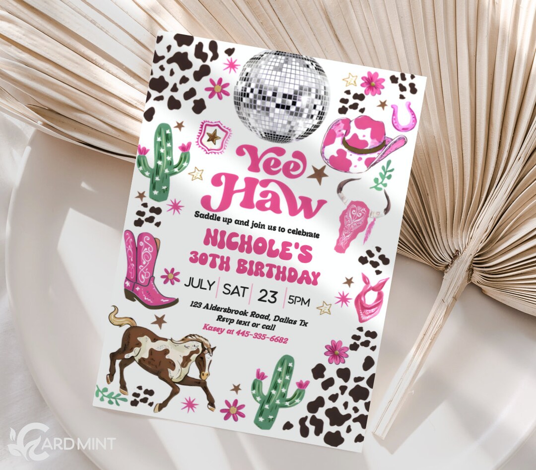 Editable Cowgirl Disco Ball Birthday Invitations, Rustic Country ...