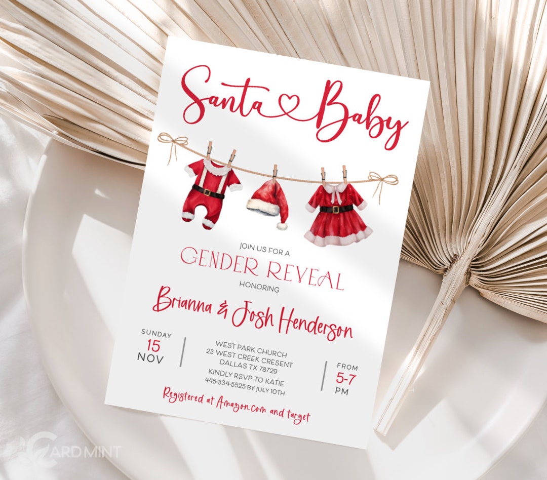 Editable Santa Baby Gender Reveal Invitations Holiday Baby Christmas ...