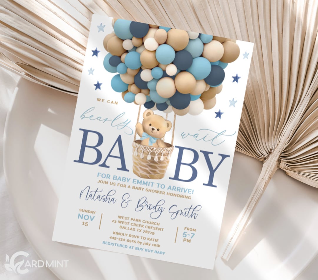 EDITABLE Boho Teddy Bear Invitations, Cute Baby Shower Pampas Foil ...