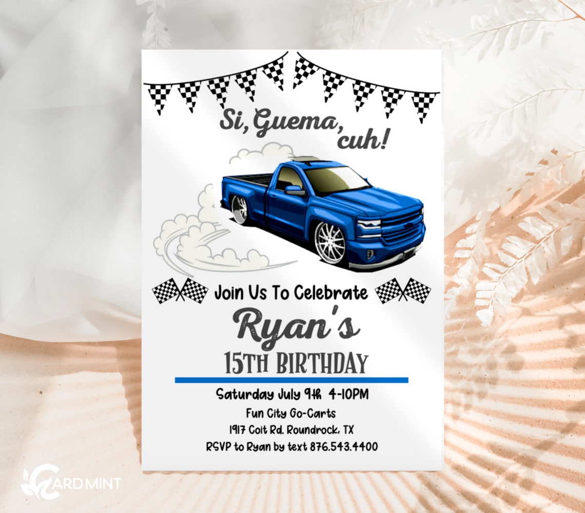 EDITABLE Truck Birthday Invitations, Blue Truck Design, Racing Dropped ...