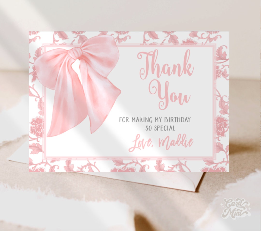 EDITABLE Pink Bow Birthday Thank You Notes, Soft Pink Ribbon With Pink ...