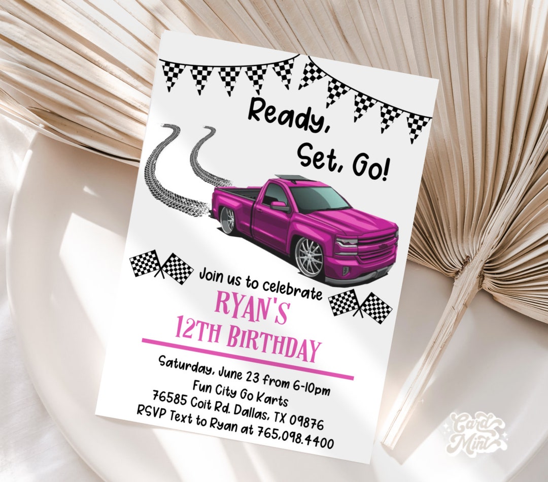 EDITABLE Truck Birthday Invitations, Pink Truck Design, Racing Dropped ...