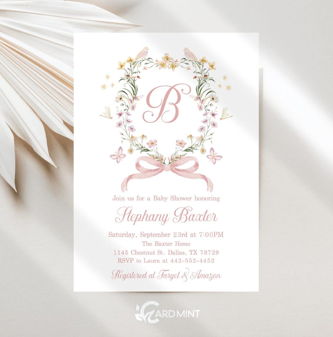 Monogram Grand Millennial Water Color Invitation, Pink Bow Floral Crest ...