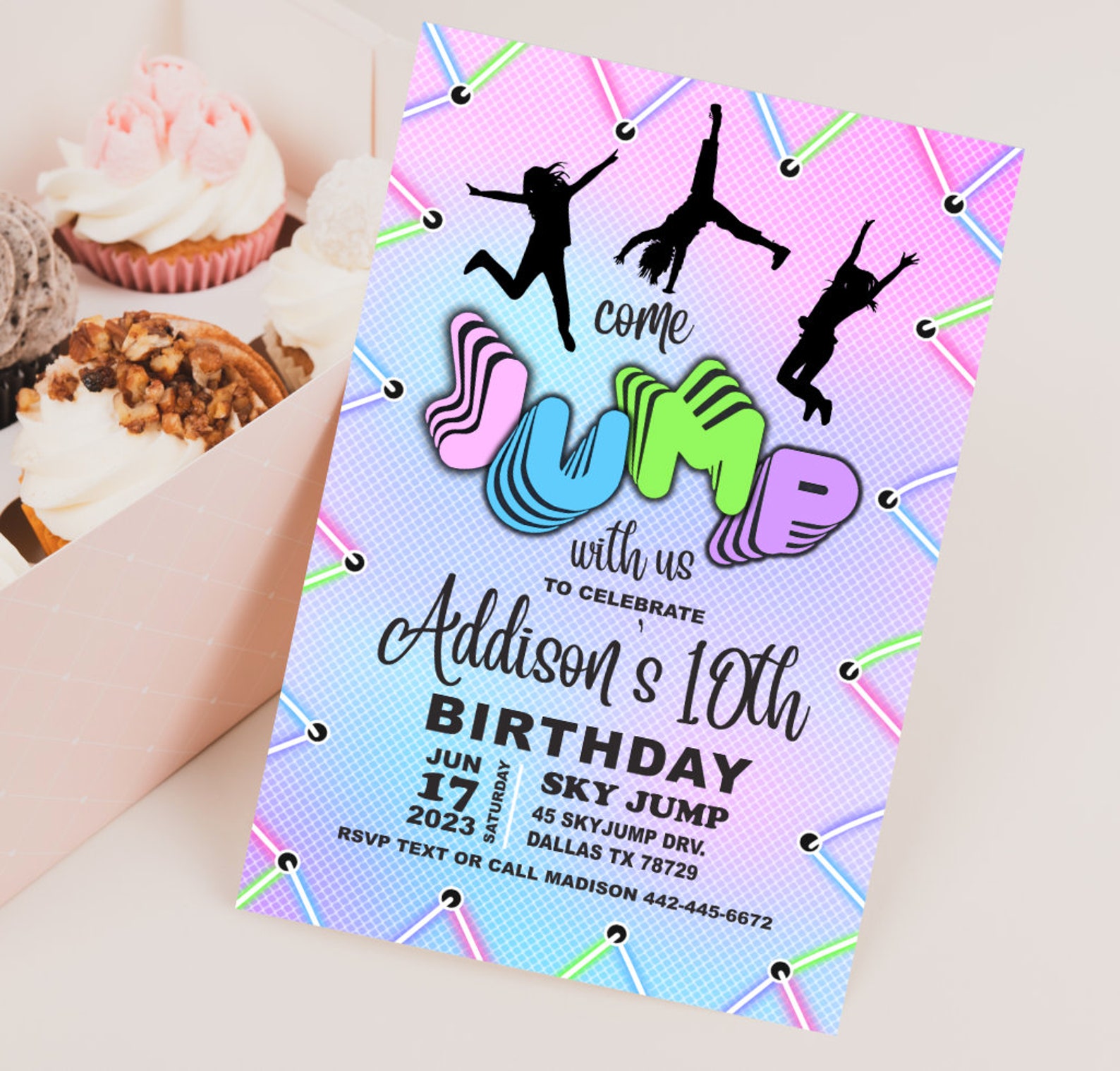 EDITABLE Trampoline Park Jump Birthday Party Glow Neon Invitation, E ...