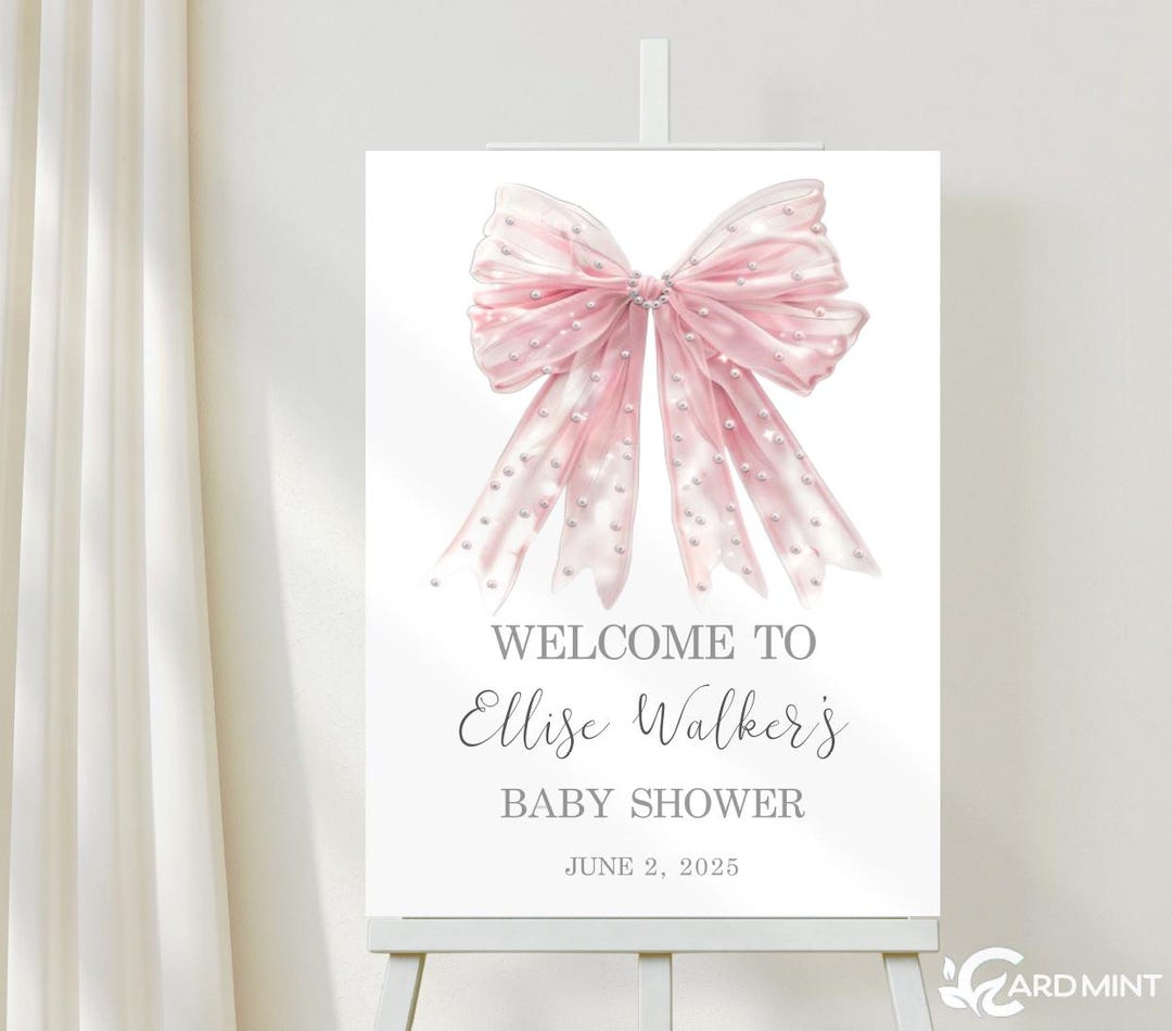 Editable Welcome Pink Bow With Pearls Party Sign, Baby Shower Sign Self ...