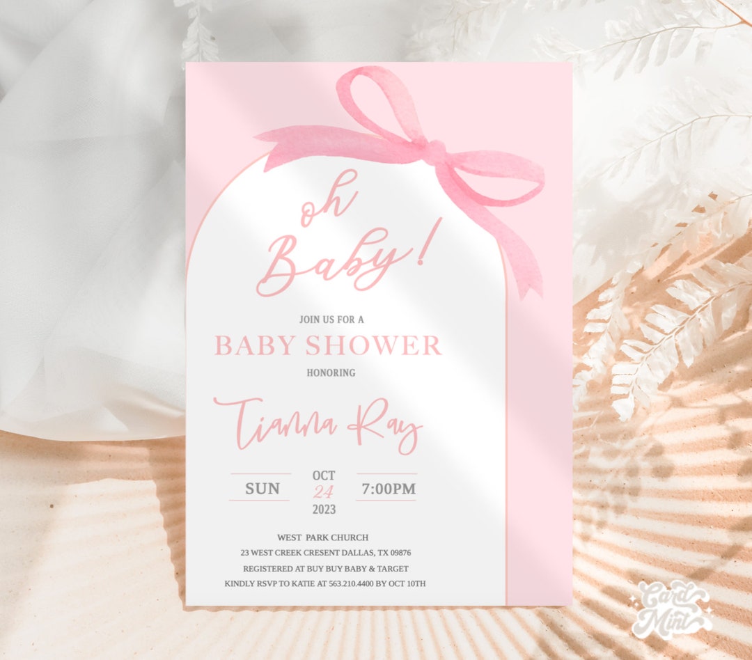 EDITABLE Pink Bow Baby Shower Invitations Cute Oh Baby Preppy Pink Bow ...