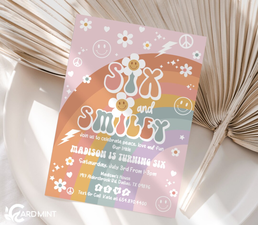 EDITABLE Groovy Six Birthday Party Invitations, Six and Smiley, Rainbow ...