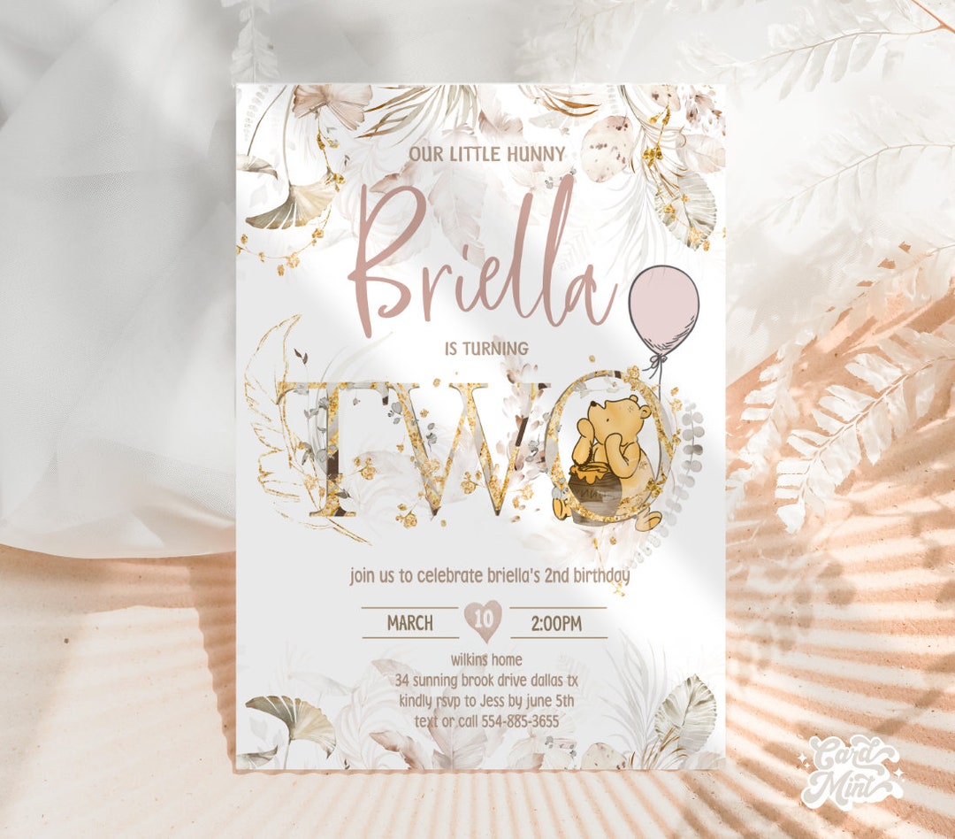 EDITABLE 2nd Birthday Classic Pooh Bear Balloon Invitation, Turning Two ...