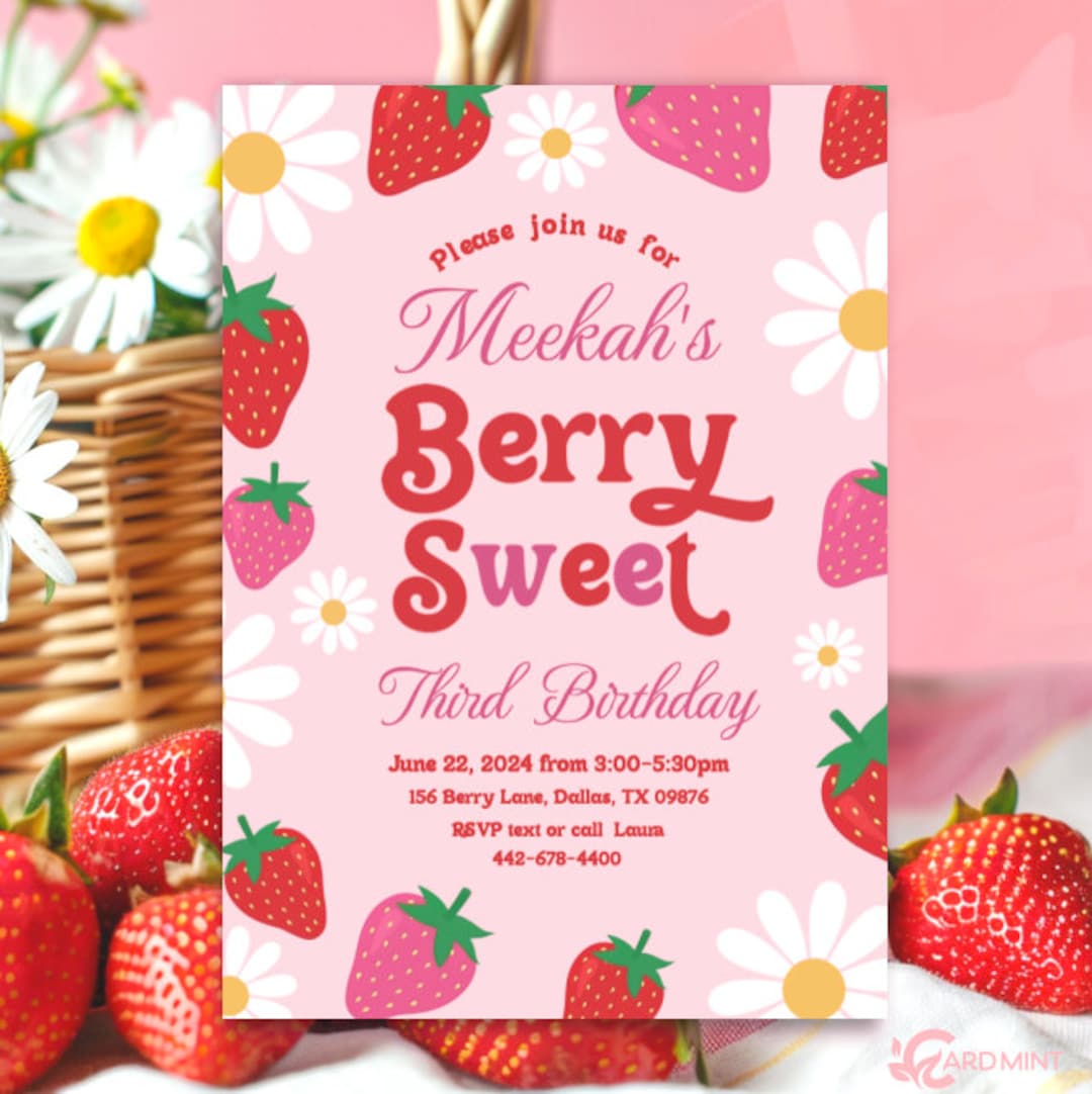 Editable Strawberry Berry Sweet Birthday Invitations, Pretty Strawberry ...