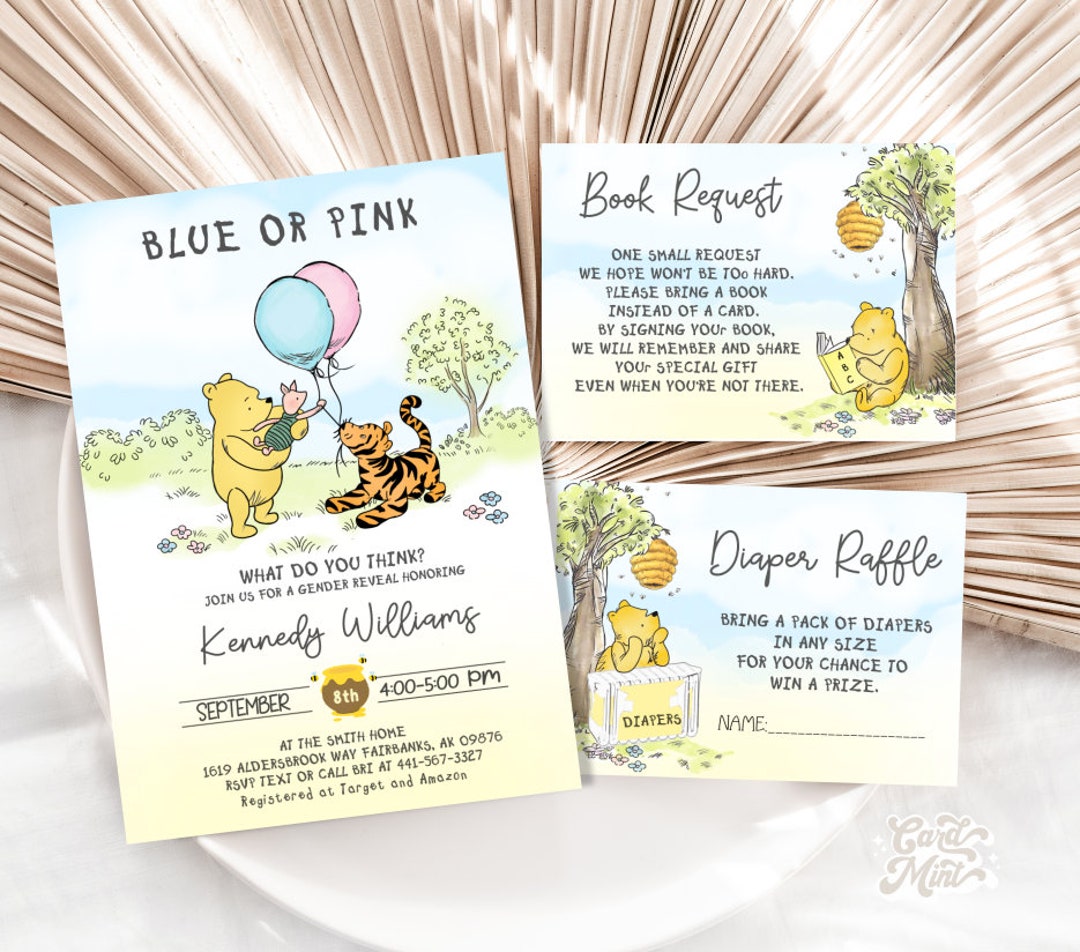 EDITABLE Gender Reveal Pooh Bear Invitations Baby Shower Balloons ...