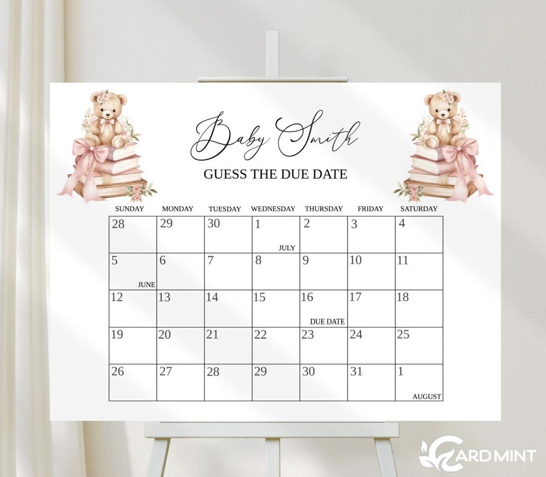 Teddy Bear Baby Shower Due Date Calendar, Book Theme Digital Download ...