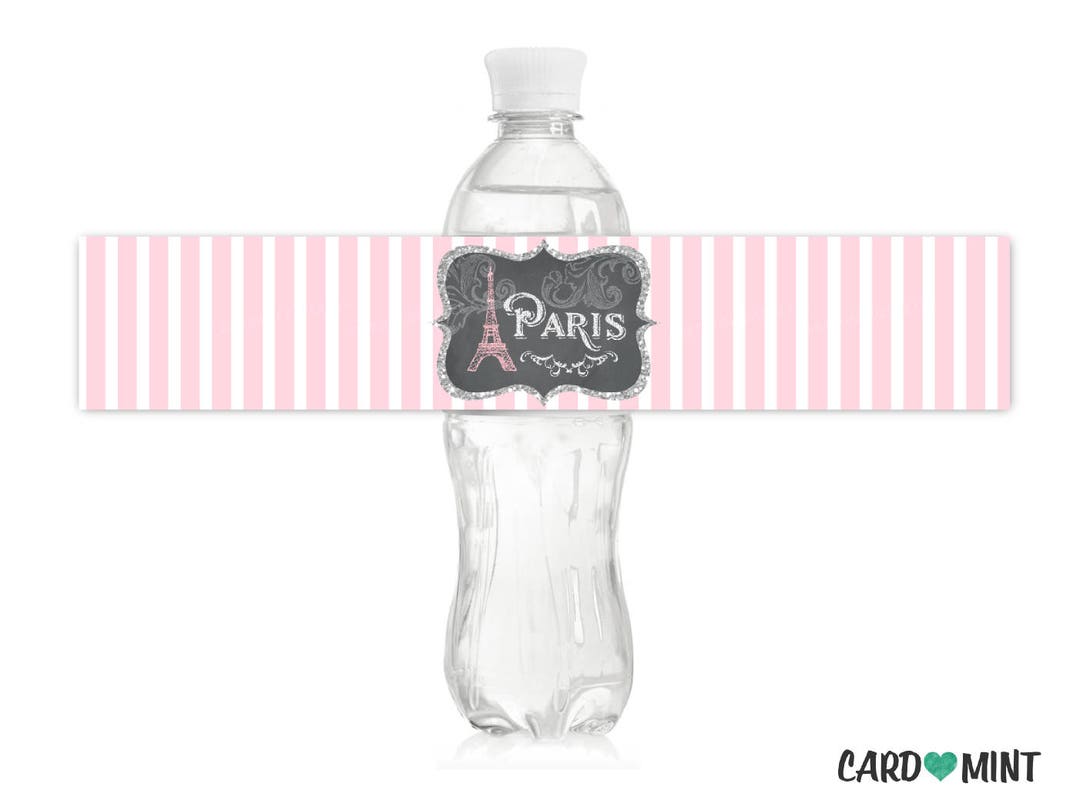 Paris Eiffel Tower Water Bottle Labels, Pink and Silver (digital ...