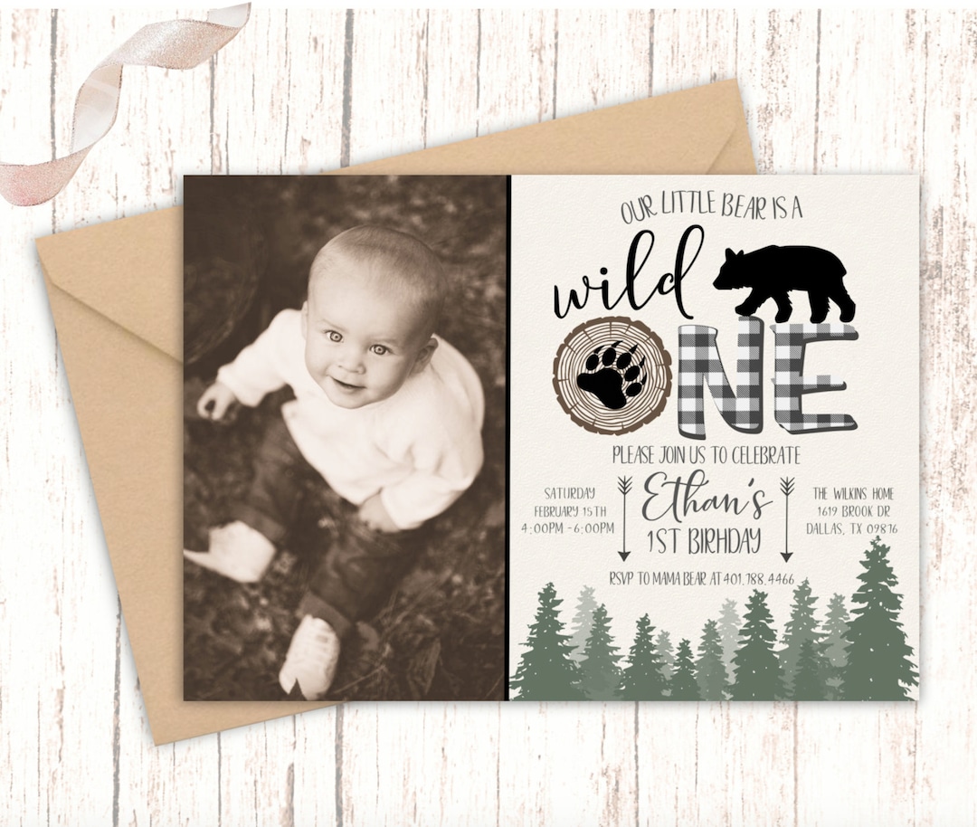 EDITABLE Wild One Boy Birthday Photo Invitations, Our Little Bear 1st ...