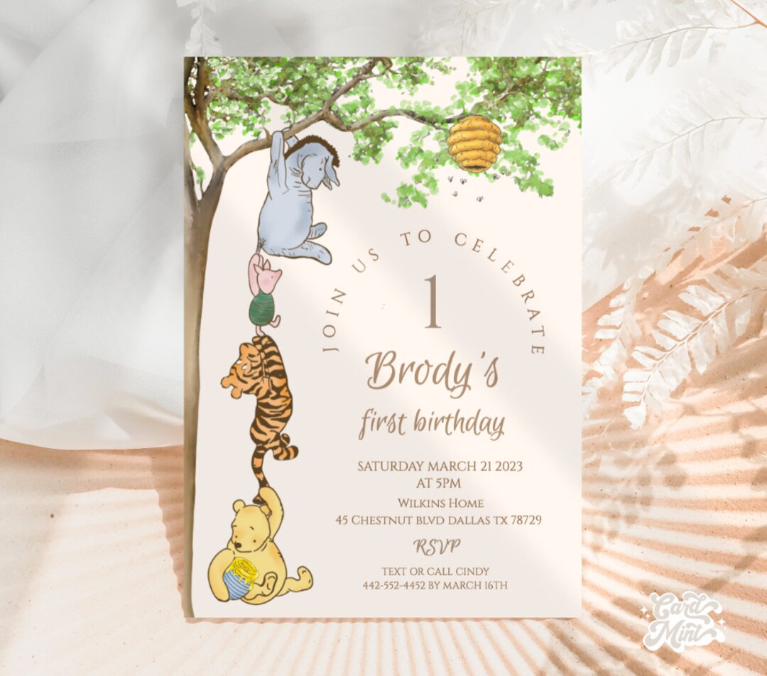 EDITABLE Classic Pooh First Birthday Boy 1ST Bear Birthday Cute Theme ...