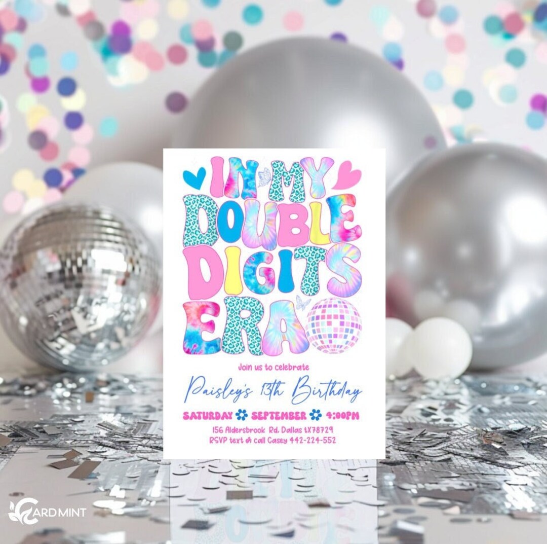 Editable Double Digit 13th Birthday Party Teen Invitations, Daisy Retro ...