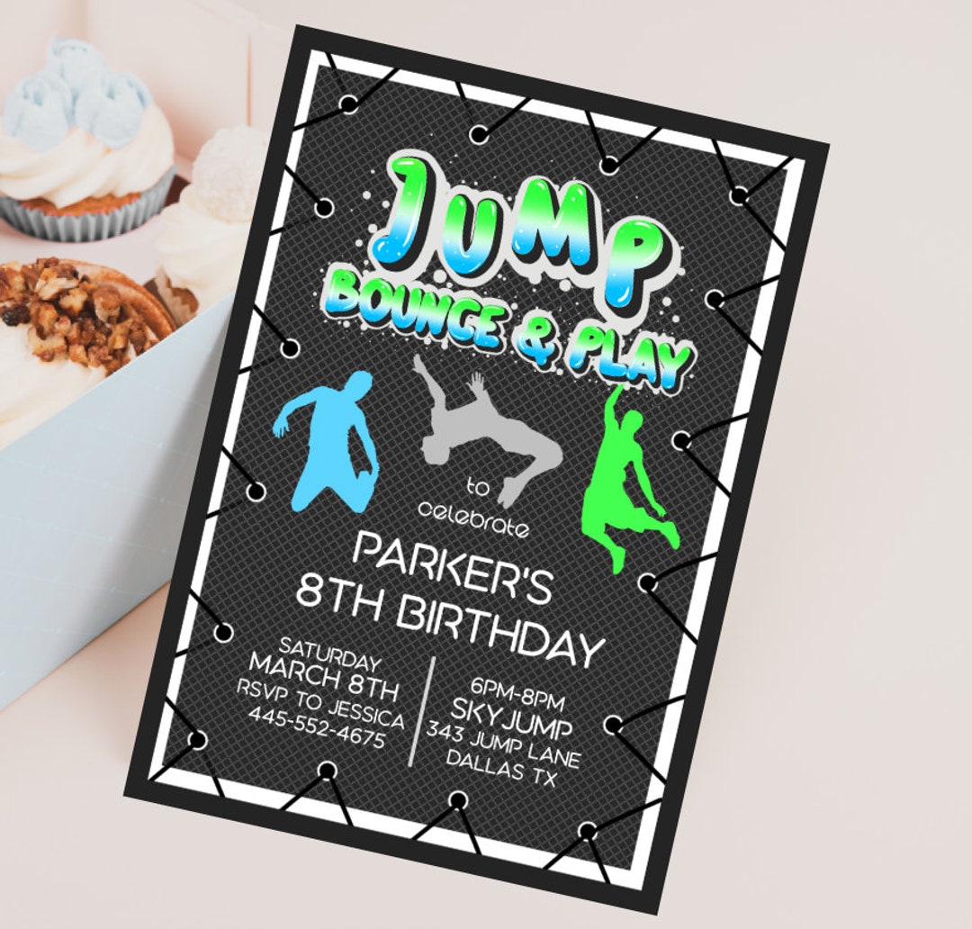 EDITABLE Trampoline Park Jump Birthday Party Glow Neon Invitation, E ...