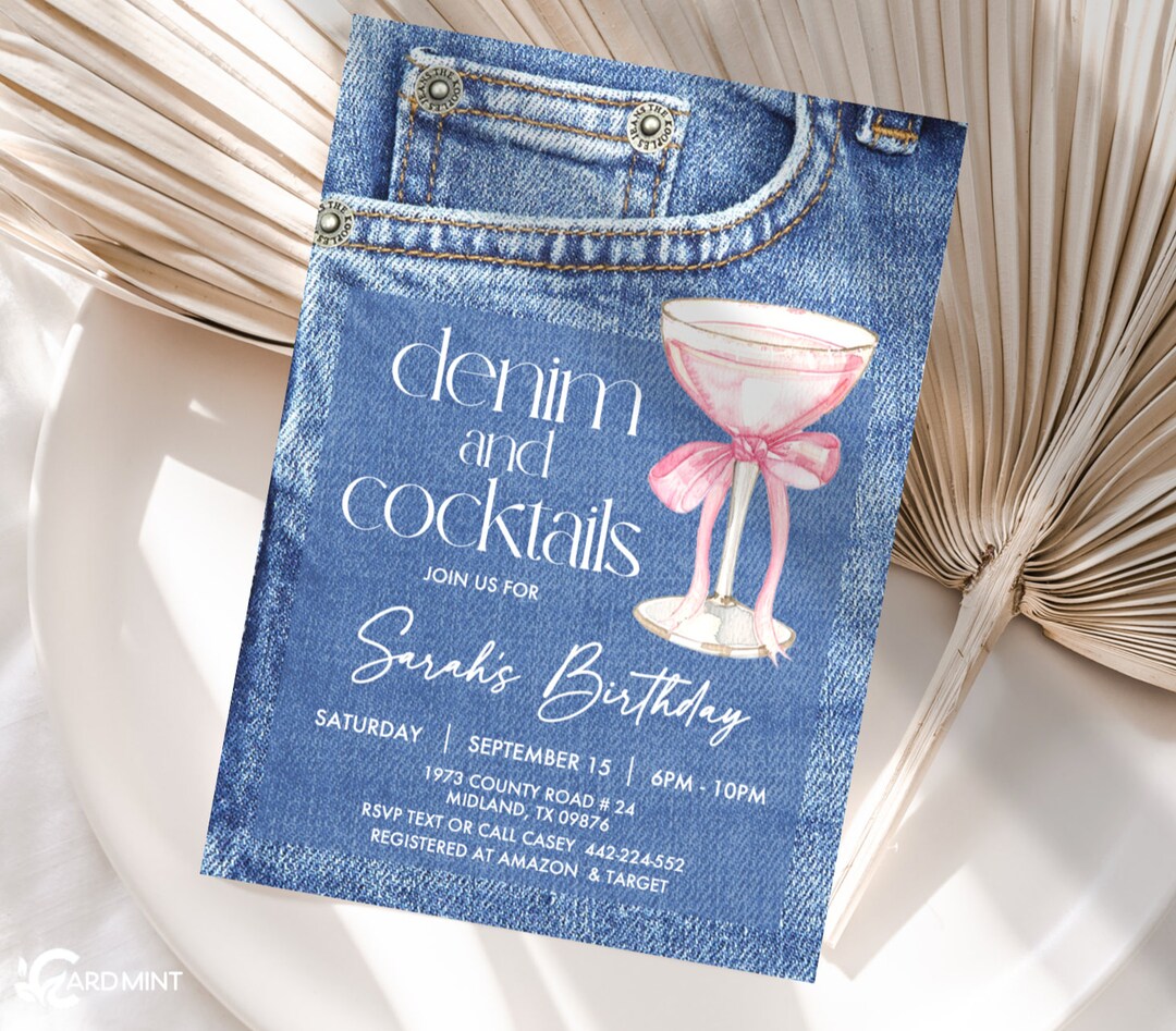 Editable Adult Birthday Denim and Cocktails Summer Party Invitation ...