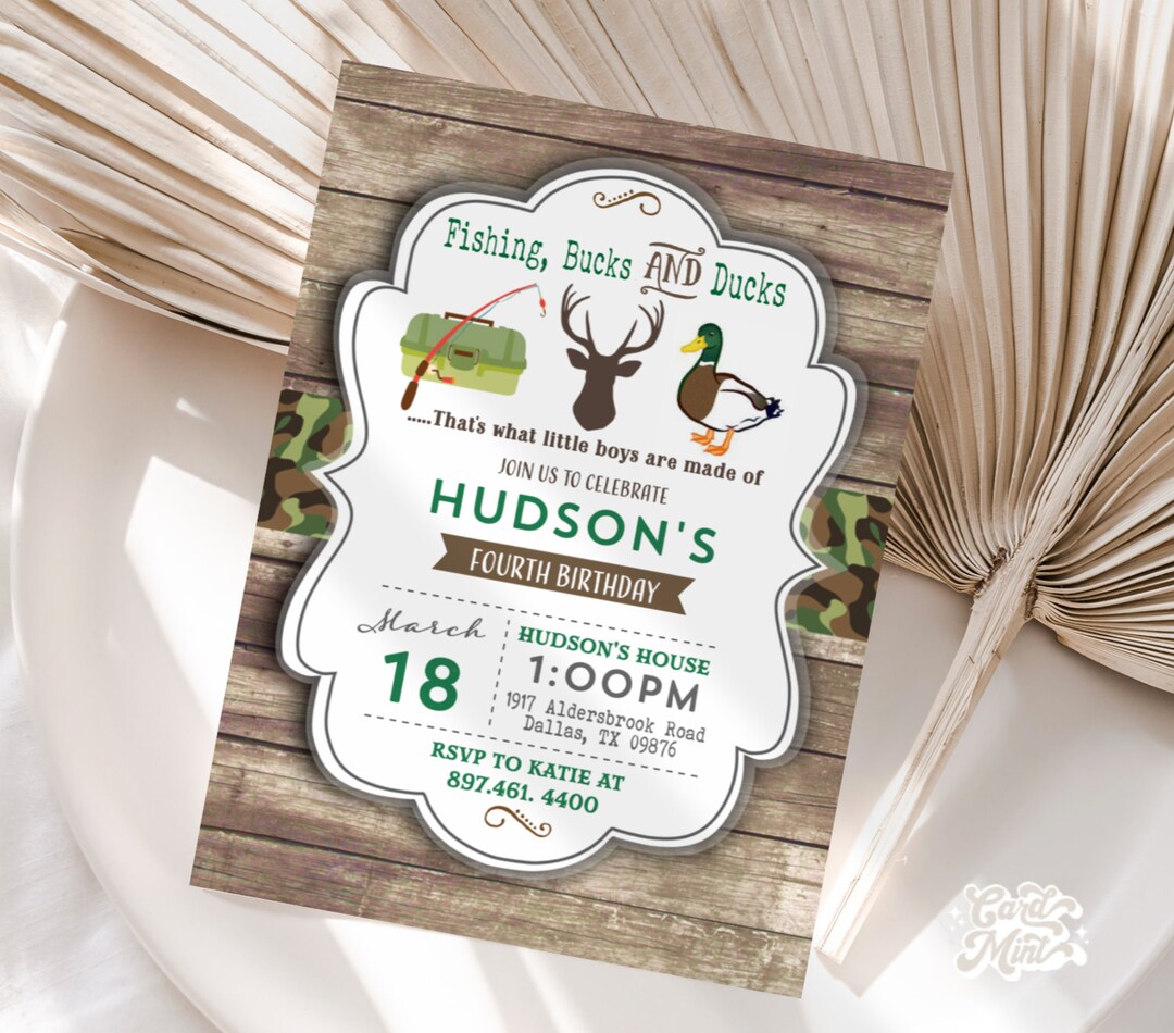 EDITABLE Fishing, Bucks and Ducks Country Farm Boy Birthday Invitations ...