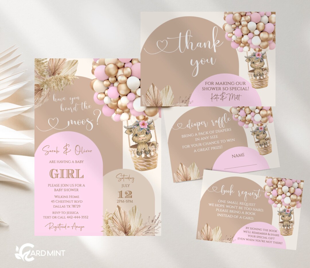 EDITABLE Boho Highland Cow Arch Invitation Set of 4 Moo Baby Shower ...