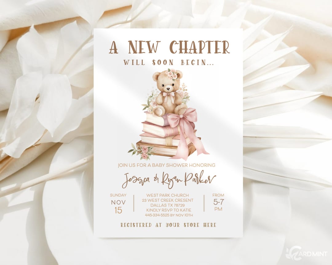 EDITABLE Teddy Bear Invitations, New Chapter Shower Cozy Book Invite ...
