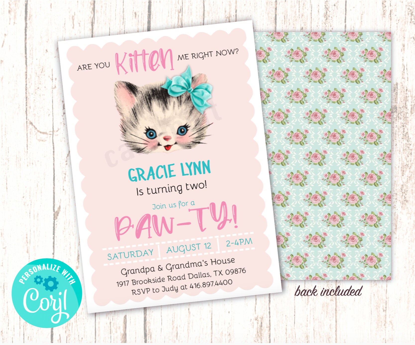 EDITABLE Kitten Birthday Invitations Rustic Shabby Chic Pink - Etsy