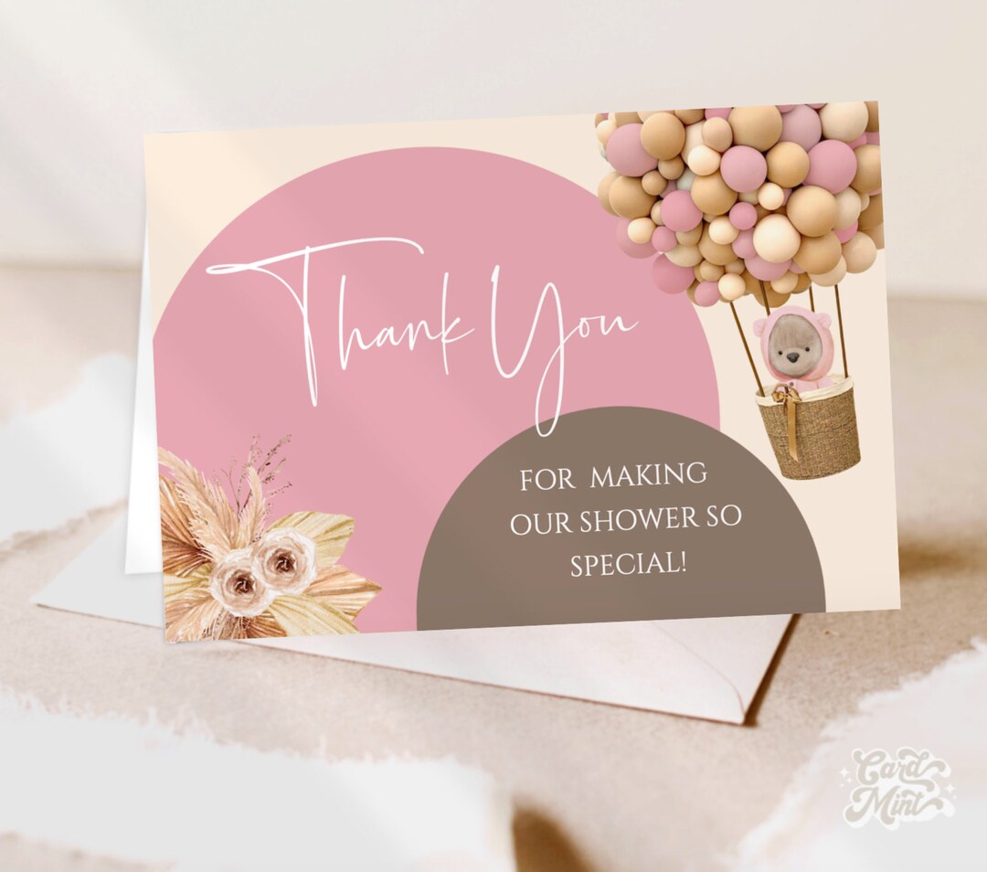 EDITABLE Teddy Bear Thank You Cards Pink and Beige Hot Air - Etsy