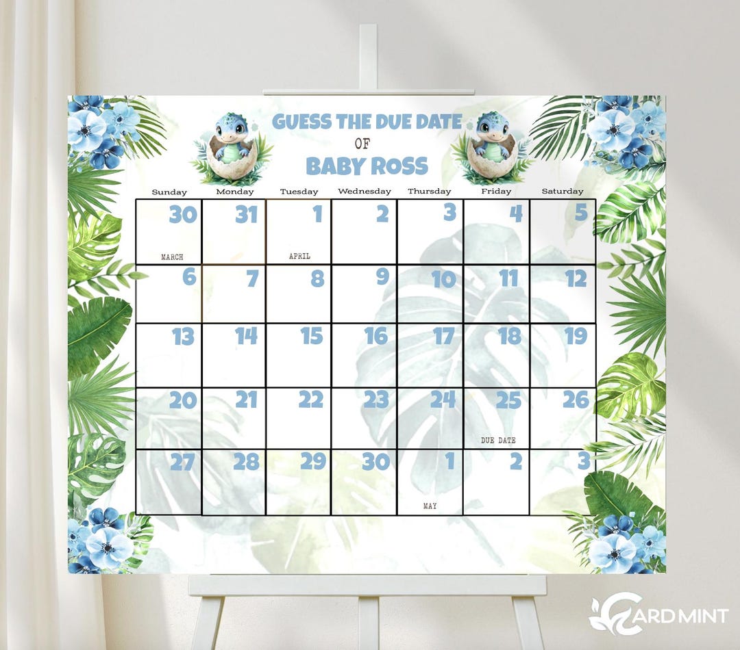 Editable Due Date Calendar, Hatching Soon Dinosaur Baby Shower, Cute ...