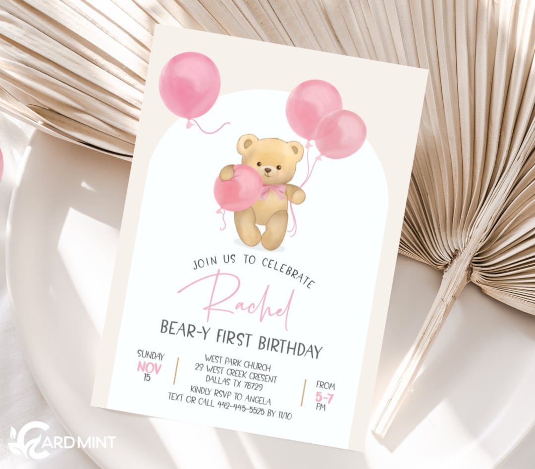 EDITABLE Teddy Bear Birthday Any Age Beary First Birthday 1ST Cute ...