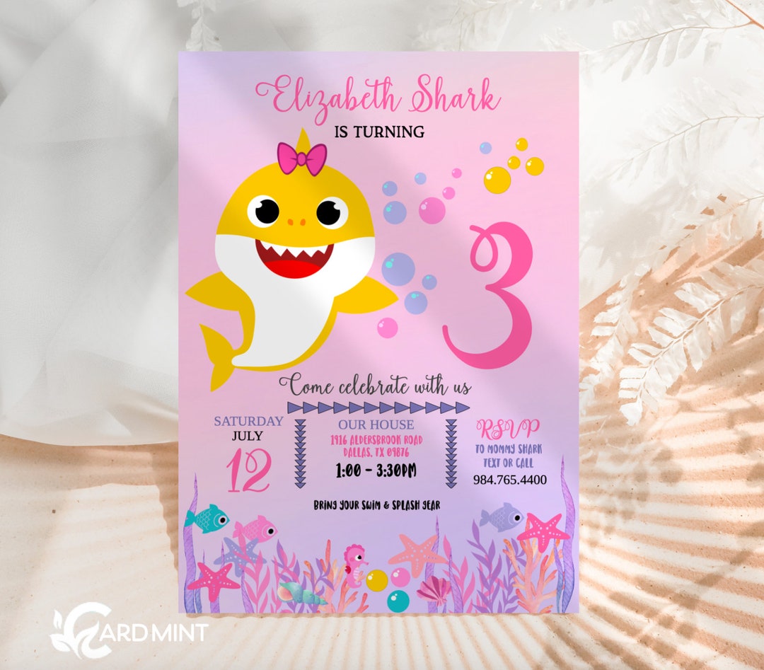 EDITABLE Yellow Shark Birthday Invitations, Pool Party, Pink and Purple ...