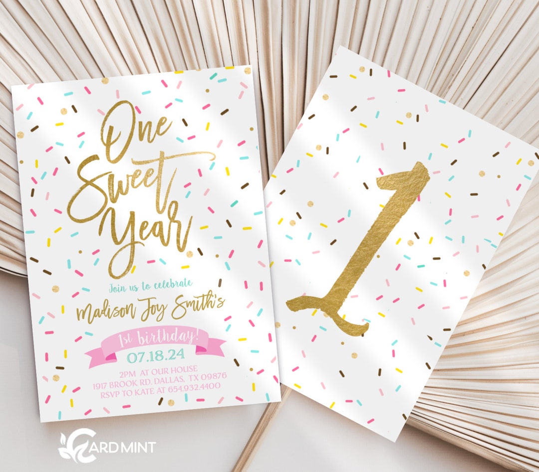 EDITABLE One Sweet Year Sprinkle Birthday Invitations, Pink Gold Teal ...