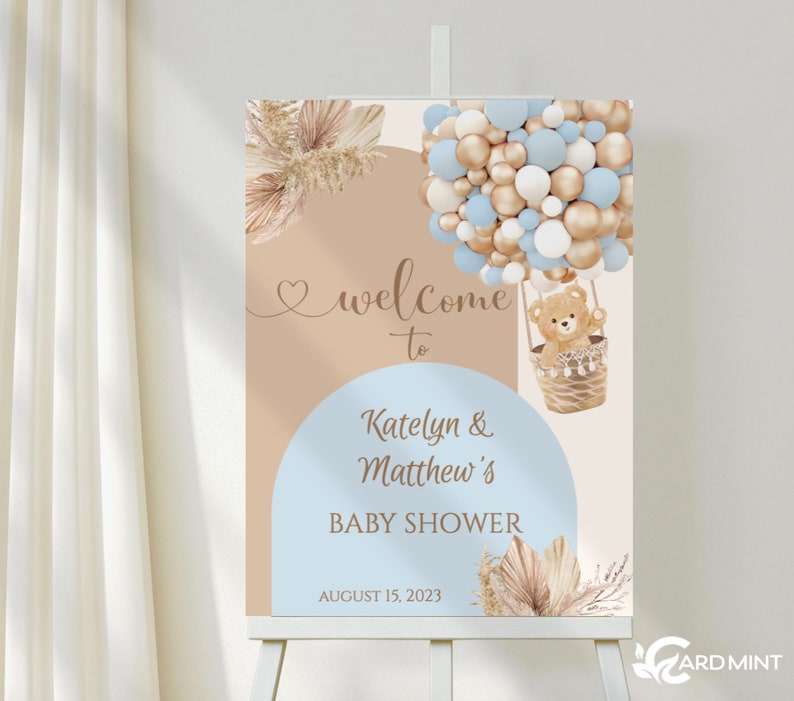 Editable Welcome Teddy Bear Party Sign, Blue Hot Air Balloon Pampas ...