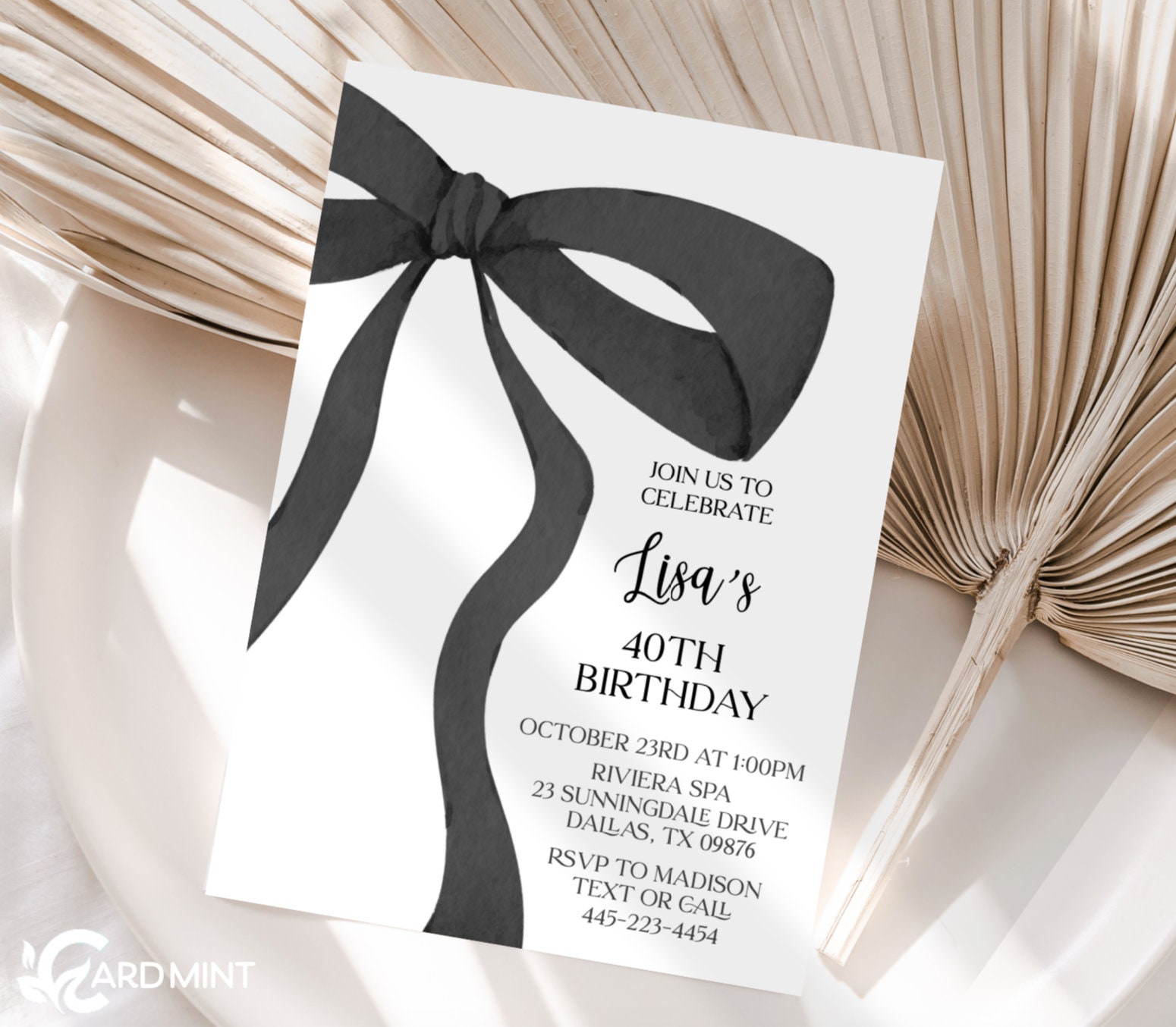 Editable Black Bow Birthday Invitation, Black Watercolor Ribbon,adult ...