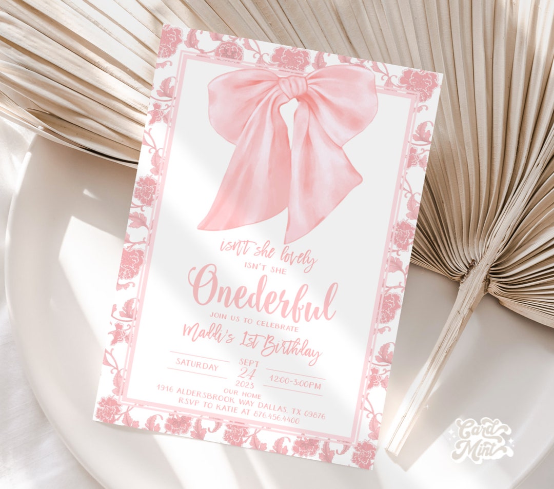 EDITABLE Bow 1st Birthday Invitations, Isn't She Onederful Pink Bow ...