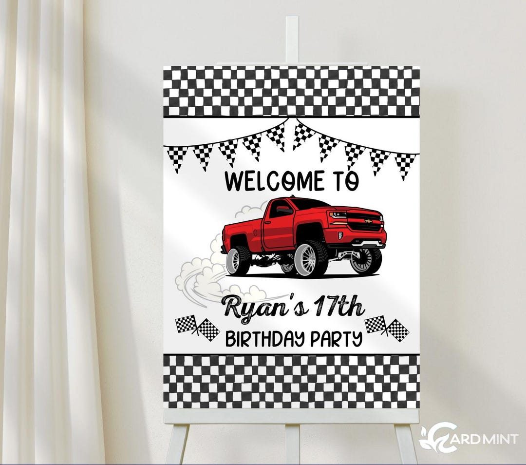 Editable Truck Birthday Welcome Sign, Big Red Pickup Truck Party Decor ...
