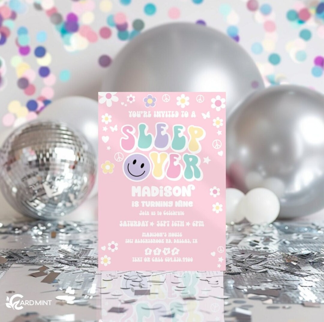 Editable Sleep Over Birthday Party Invitations, Daisy Retro Invites ...