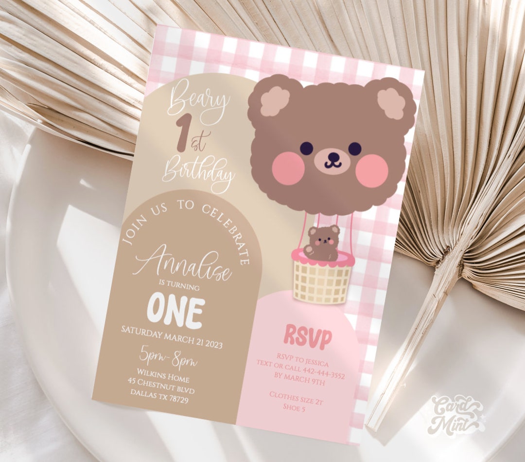 EDITABLE Beary First Birthday Stuffed Animal Girls 1ST Bear Birthday ...